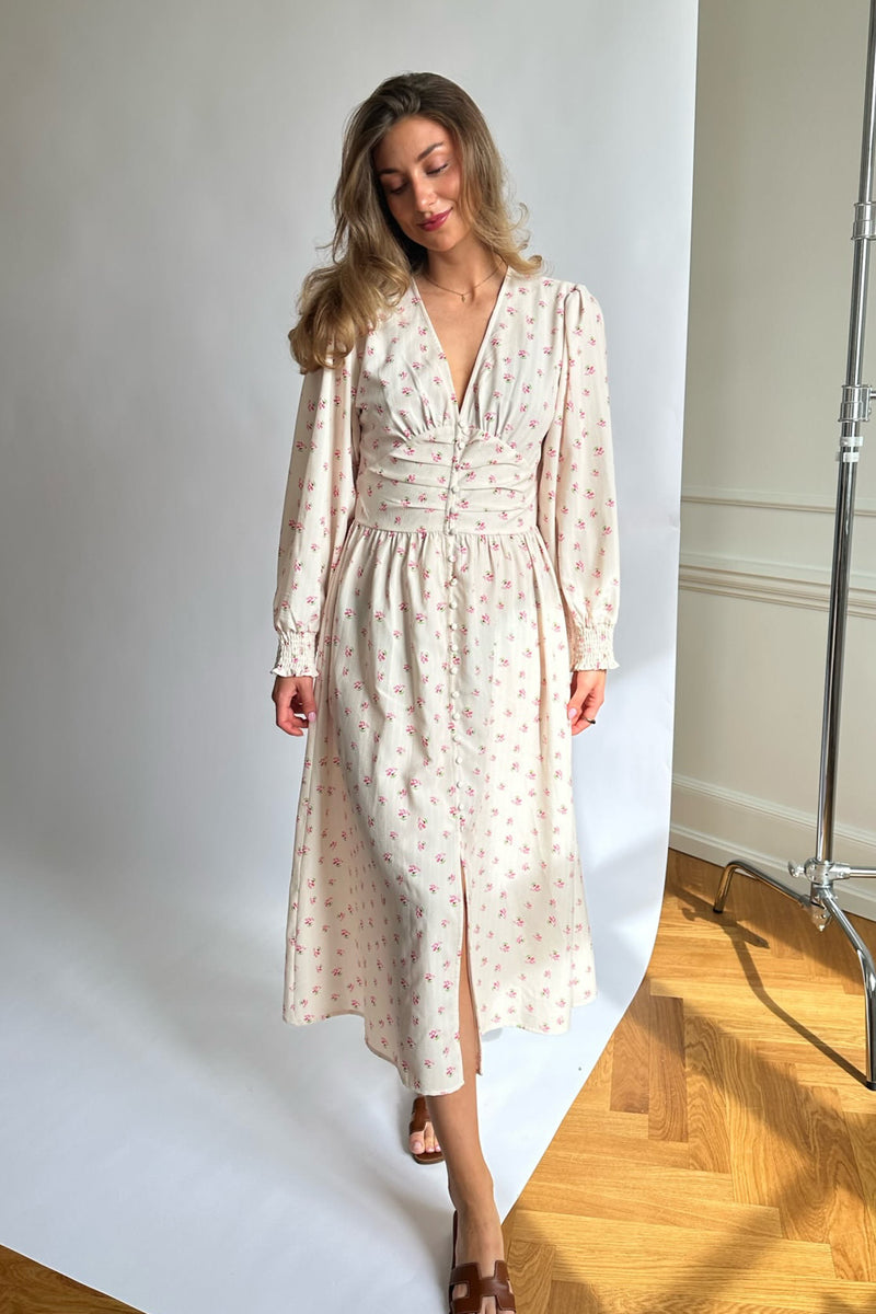 AdelIC Lang Kjole - Beige Rosa Blomstertrykk